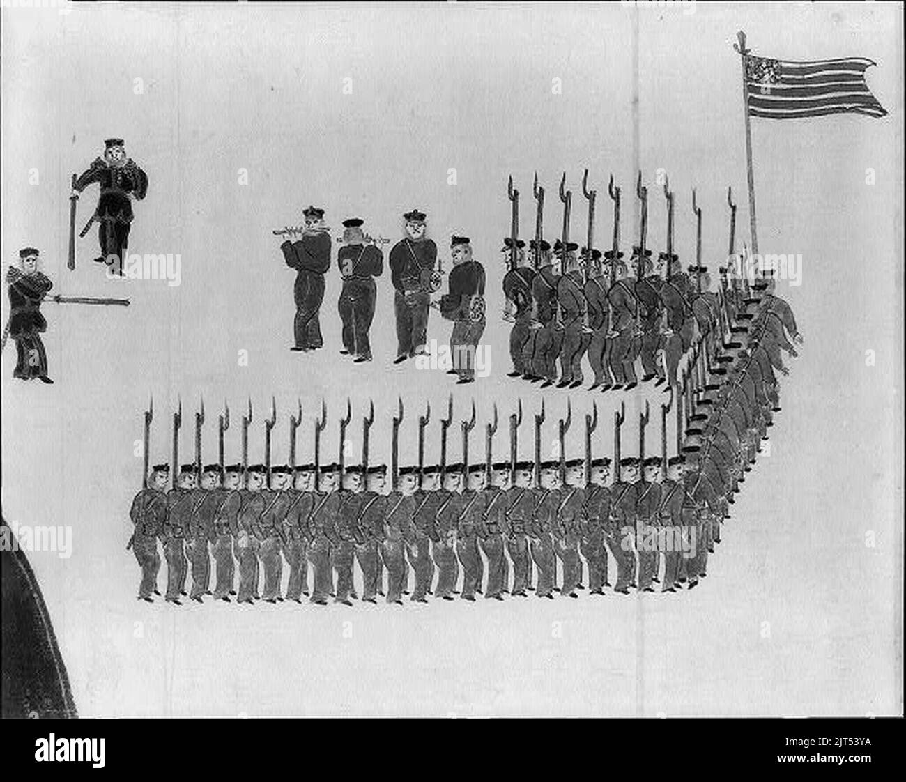 U.S. Marines, led by four musicians, marching in formation toward two ...