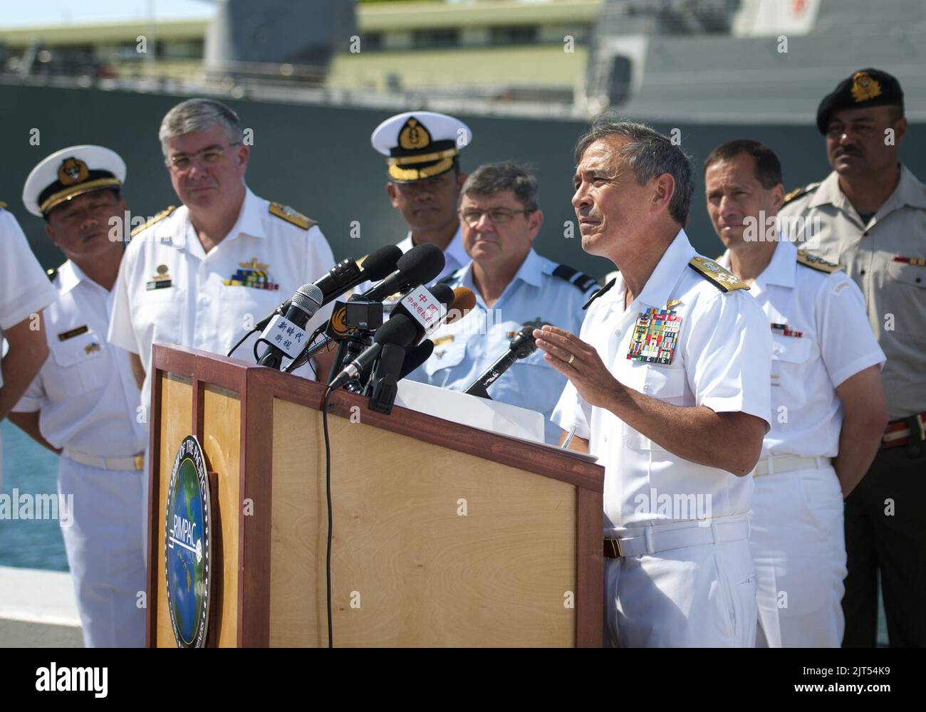 U.S. Navy Adm. Harry Harris, at lectern, the commander of U.S. Pacific ...