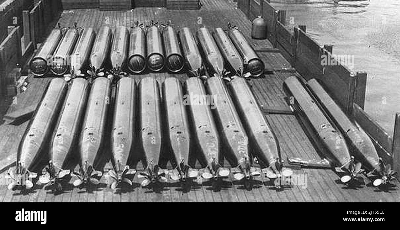 U.S. Navy Bliss-Leavitt Mark 8 torpedoes on a barge, circa in 1925 ...