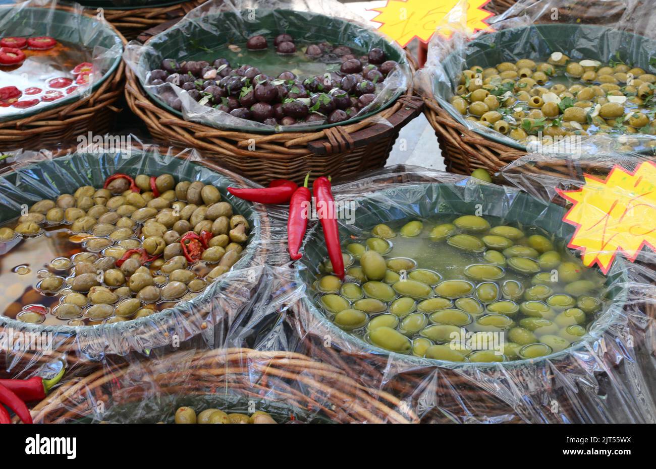 stall with many typical products of Southern Italy such as olives and ...