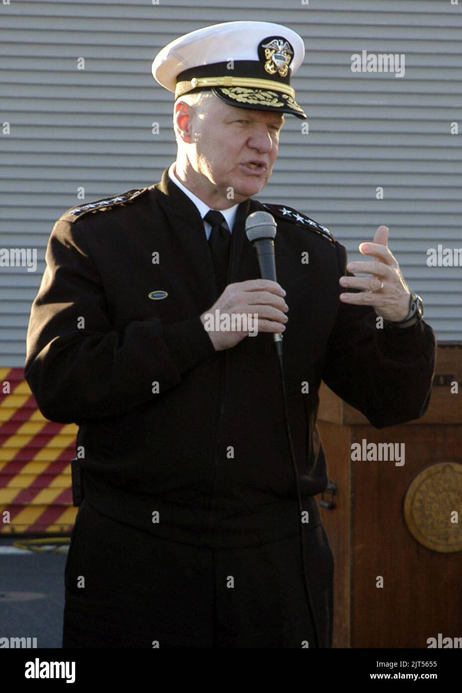 U.S. Navy Chief of Naval Operations Adm. Gary Roughead speaks to crew ...