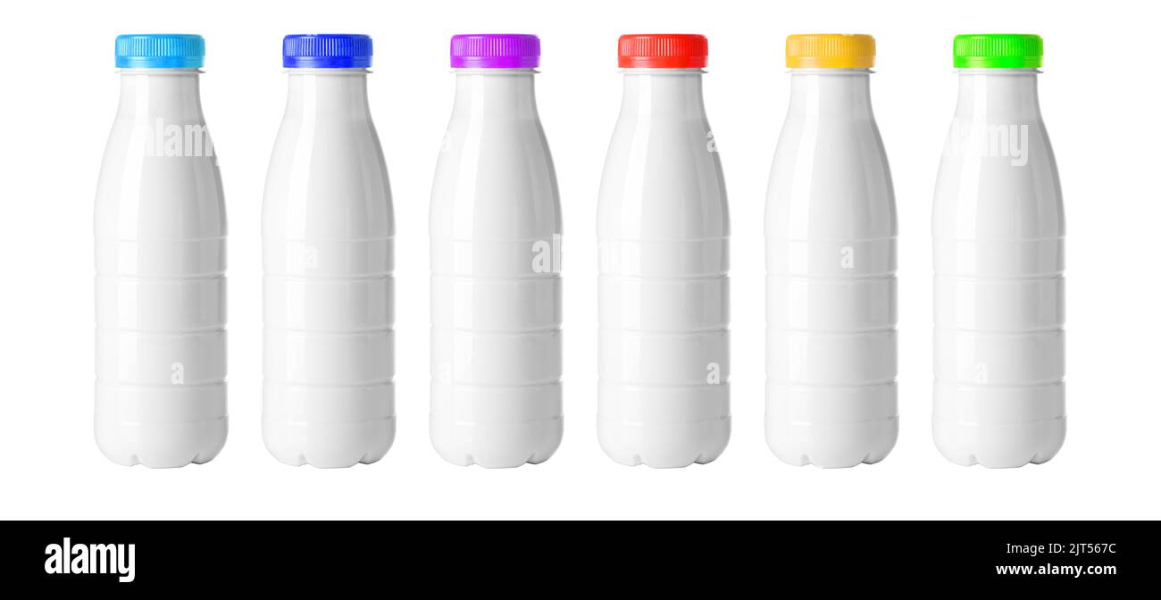 set of bottle of milk with a orange cap isolated on white background ...