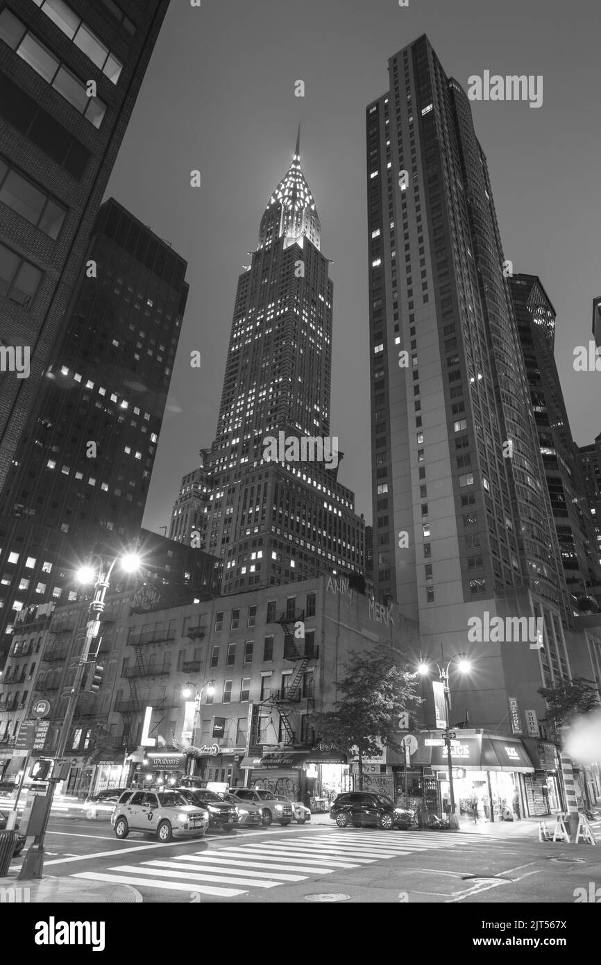 A B&W night-time view of the Chrysler Building in New York City, seen ...