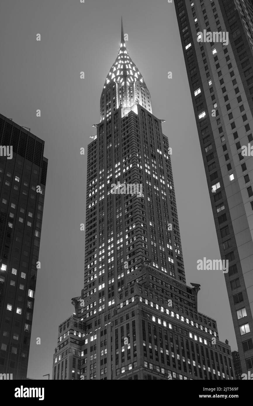 A B&W night-time view of the Chrysler Building in New York City, seen ...