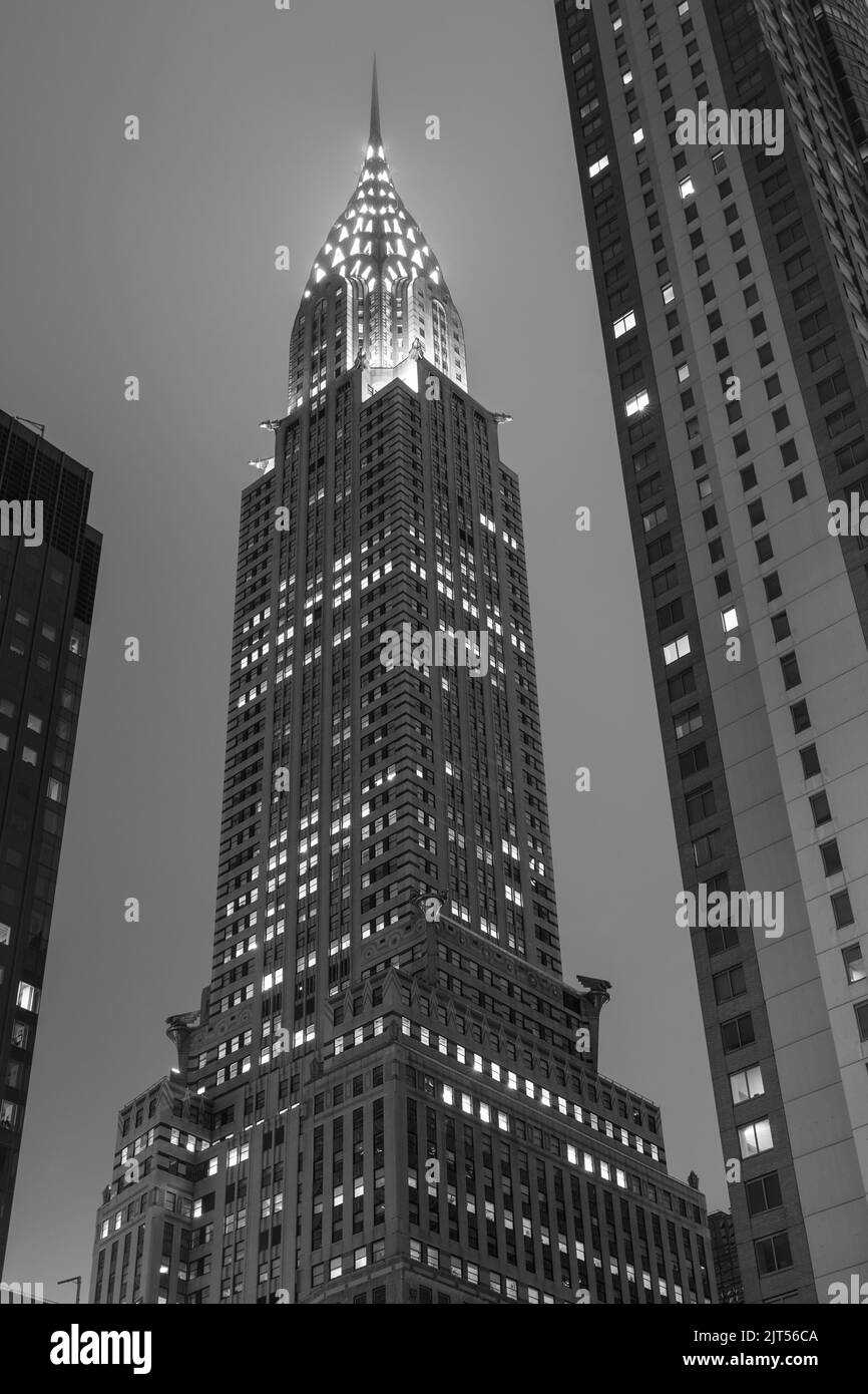 A B&W night-time view of the Chrysler Building in New York City, seen ...