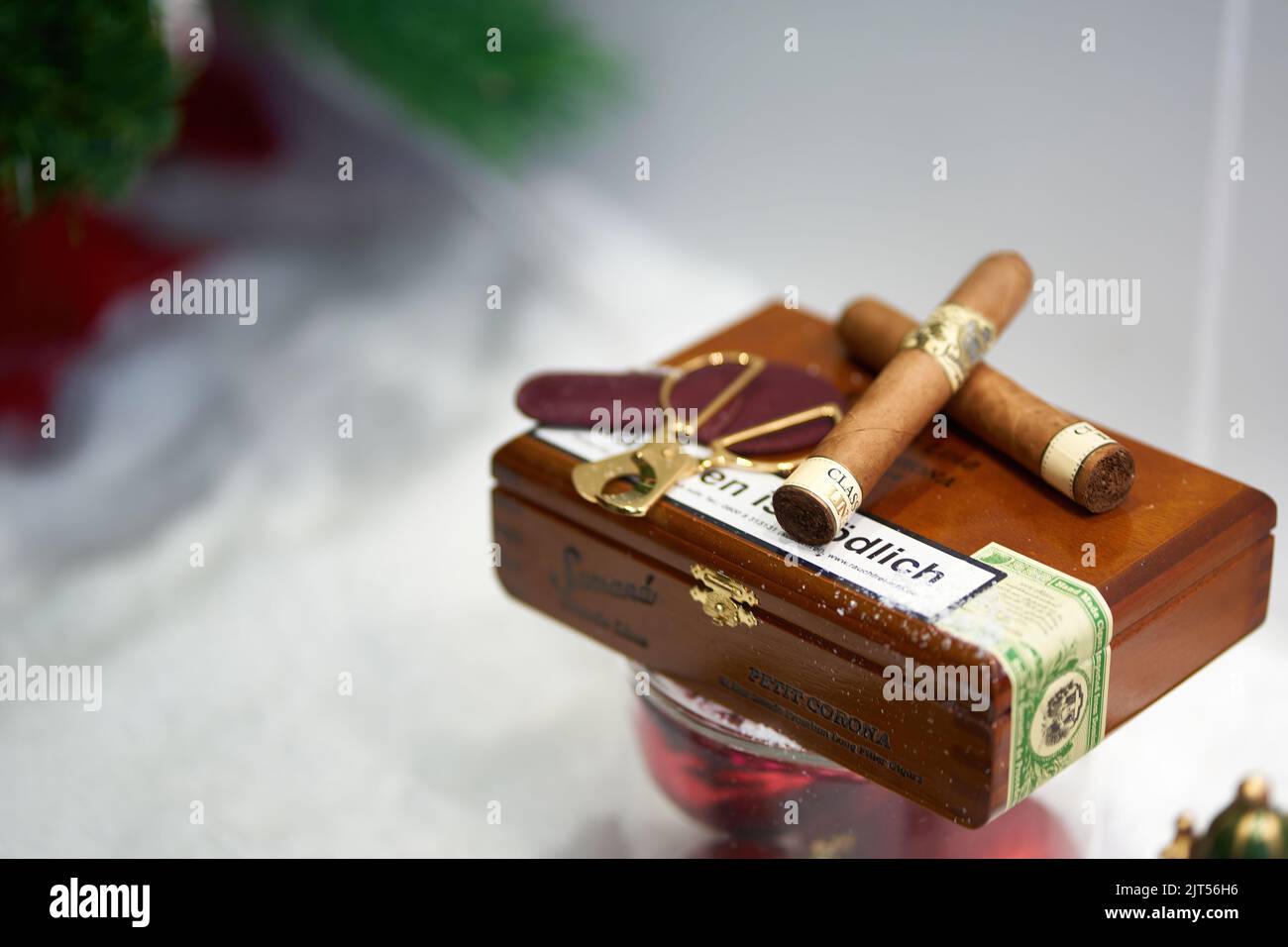 Stuttgart, Germany - December 31, 2021: Wooden cigar box behind ...
