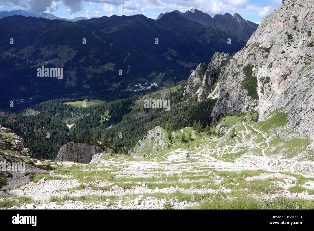 impervious serpentine path in the Alps mountains with a zigzag pattern ...