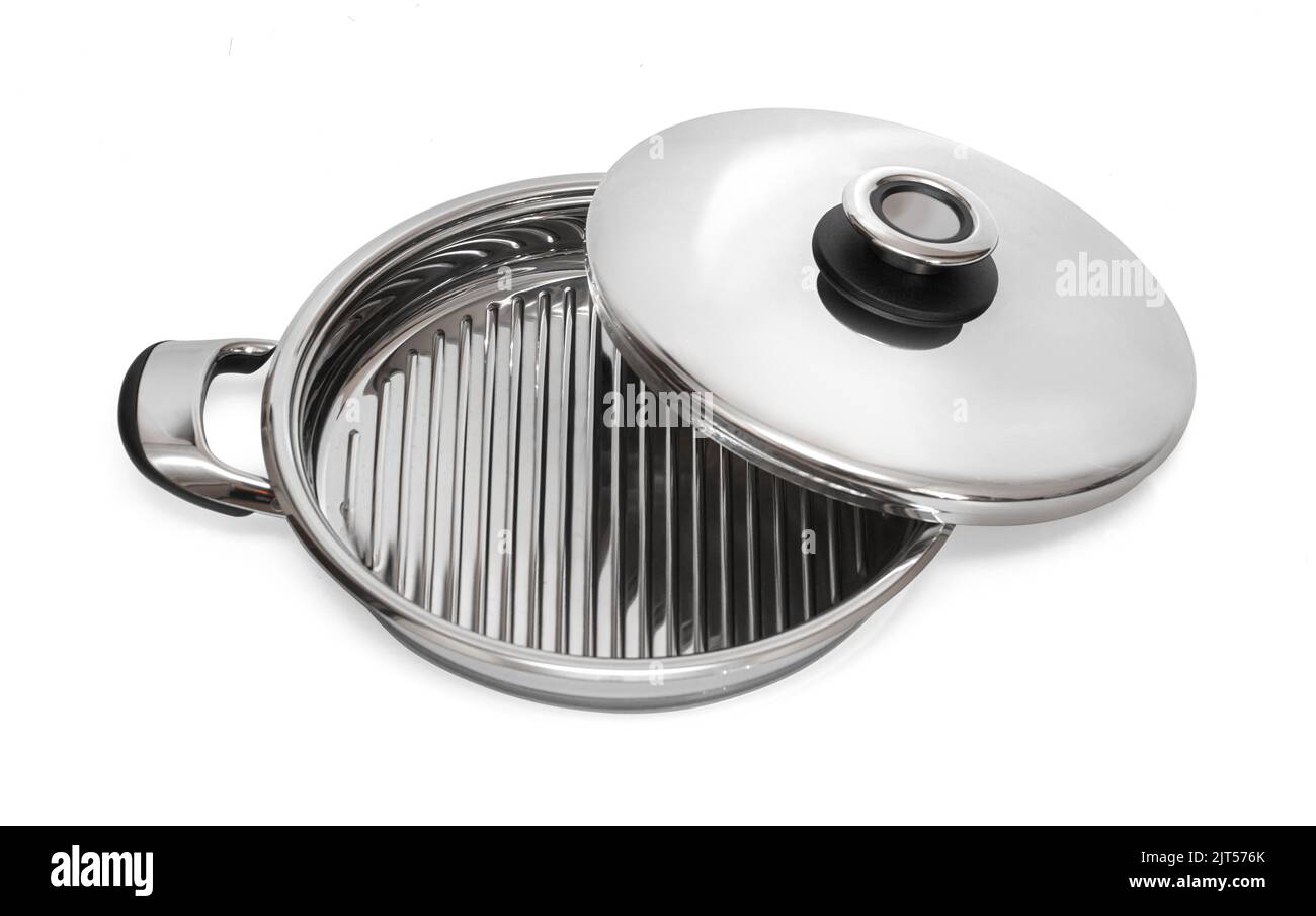 Stainless steel Grill pan with lid isolated on white with clipping path ...