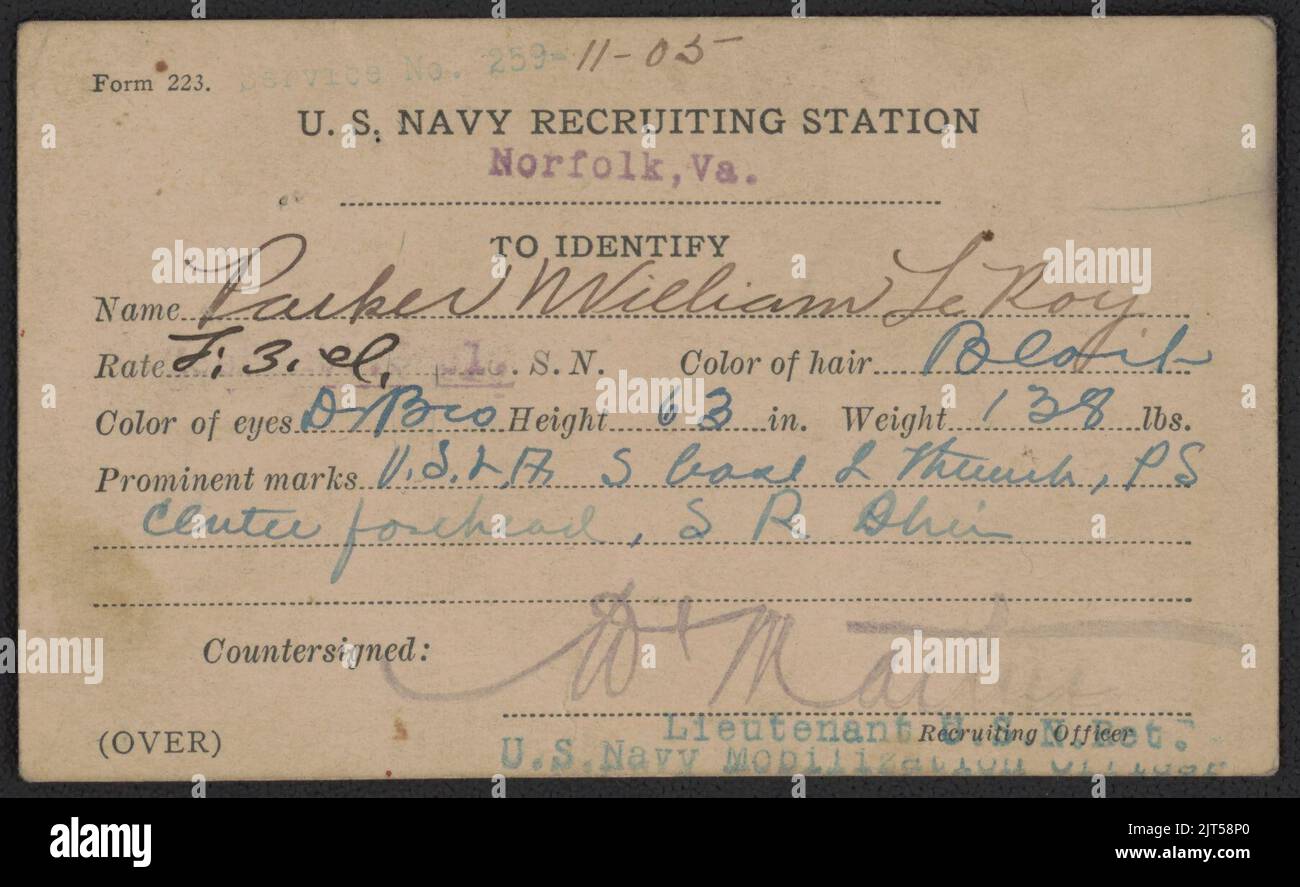 U.S. Navy recruiting station Norfolk, Va., to identify Parker William ...