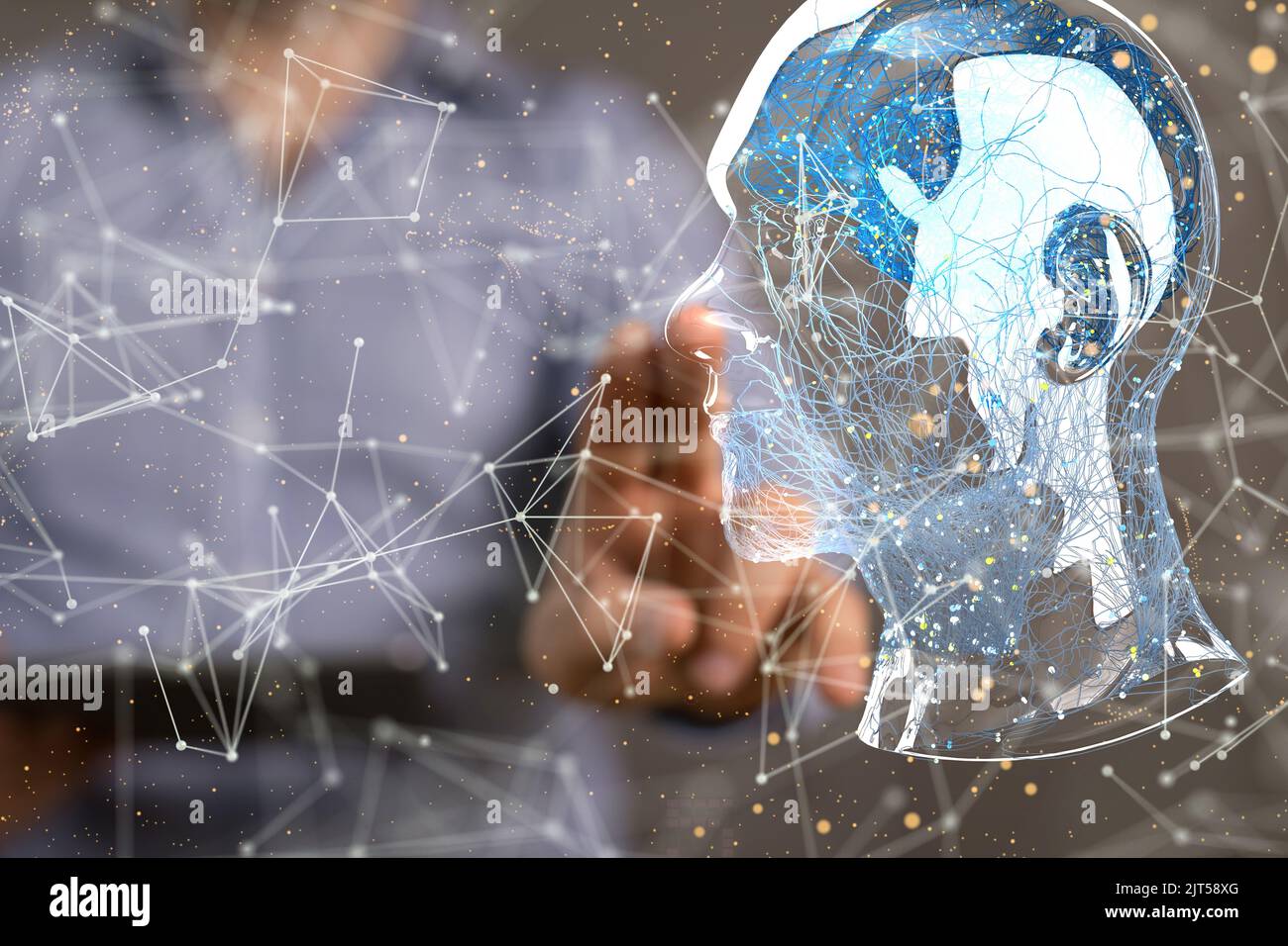 A closeup of 3D rendered human brain anatomical model hovering in mans ...