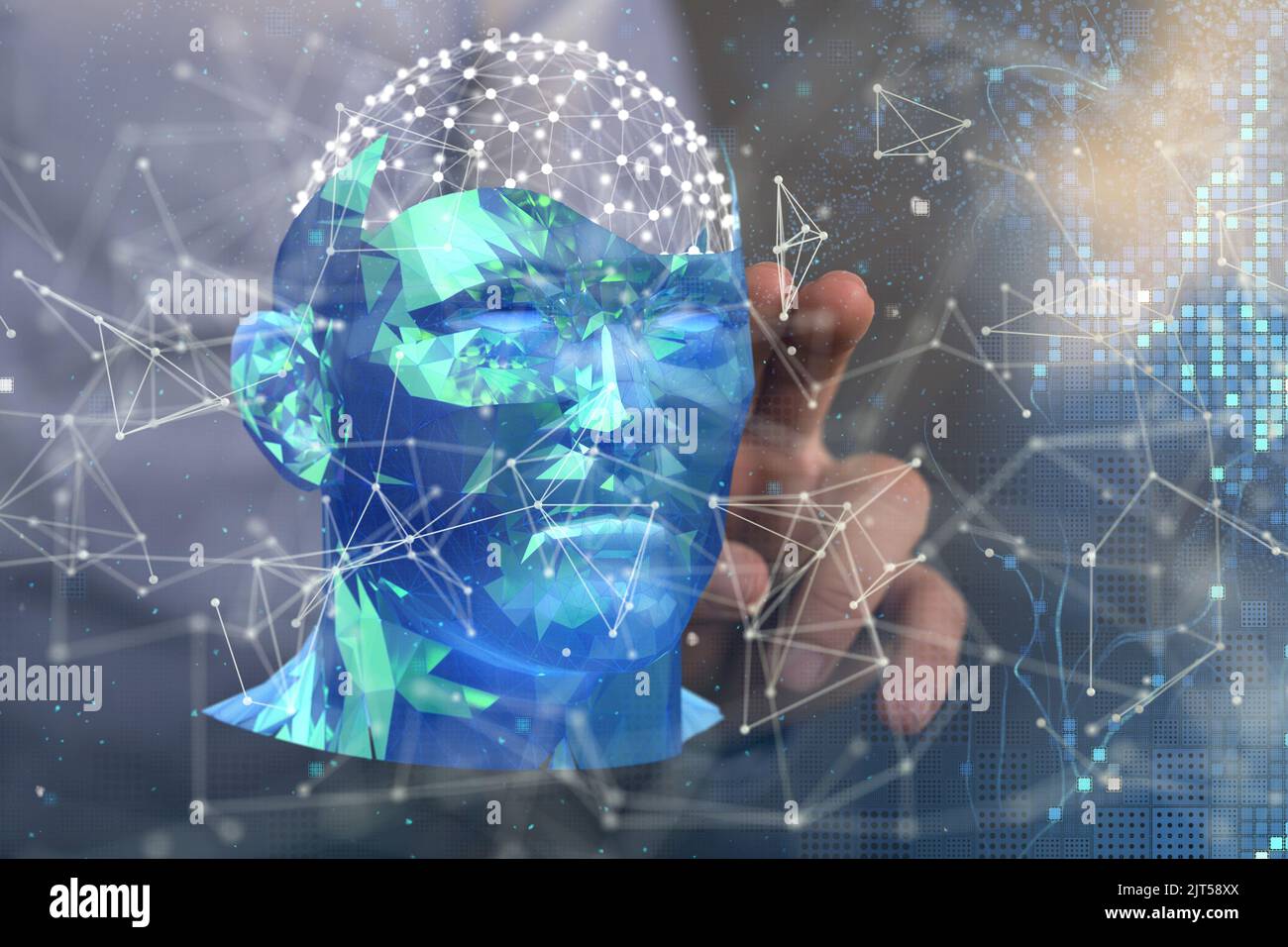 A closeup of 3D rendered human brain anatomical model hovering in mans ...