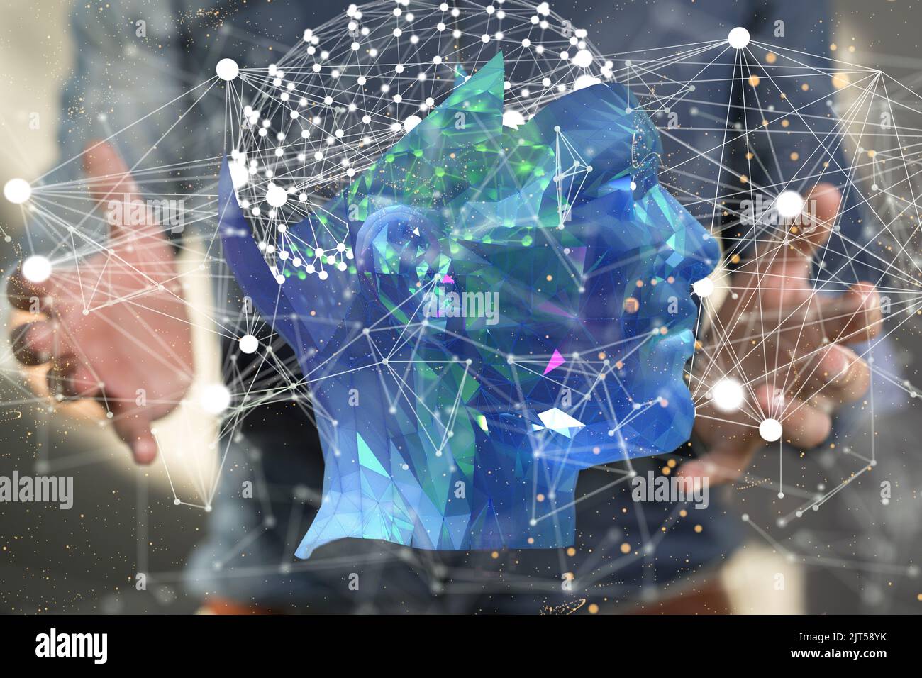 A closeup of 3D rendered human brain anatomical model hovering in mans ...