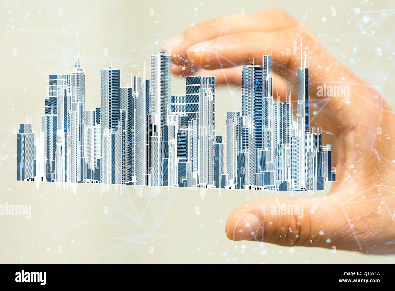 A 3D rendered city buildings hovering in man's hand Stock Photo - Alamy
