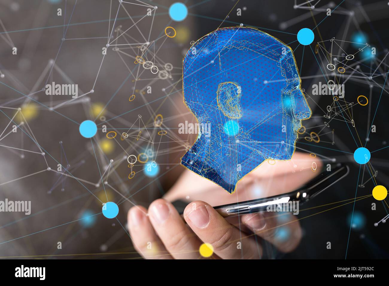 A closeup of 3D rendered human brain anatomical model hovering in mans ...