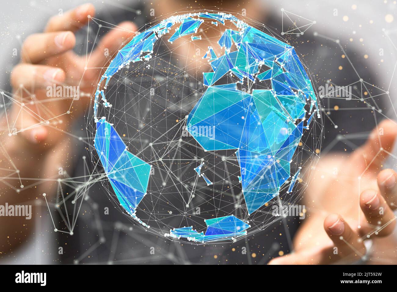 A 3D rendered world map hovering in mans hand Stock Photo - Alamy