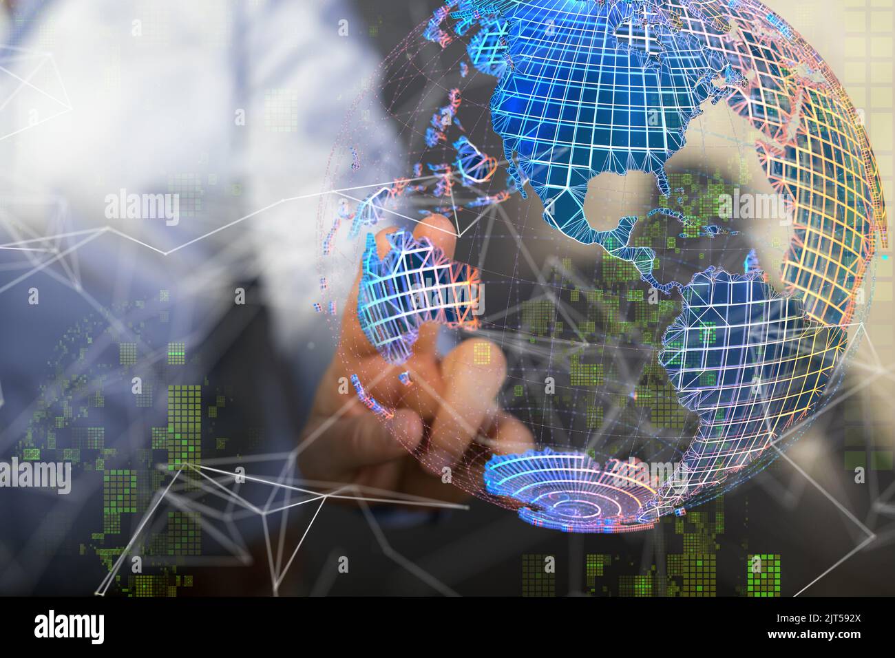 A 3D rendered world map hovering in mans hand Stock Photo - Alamy