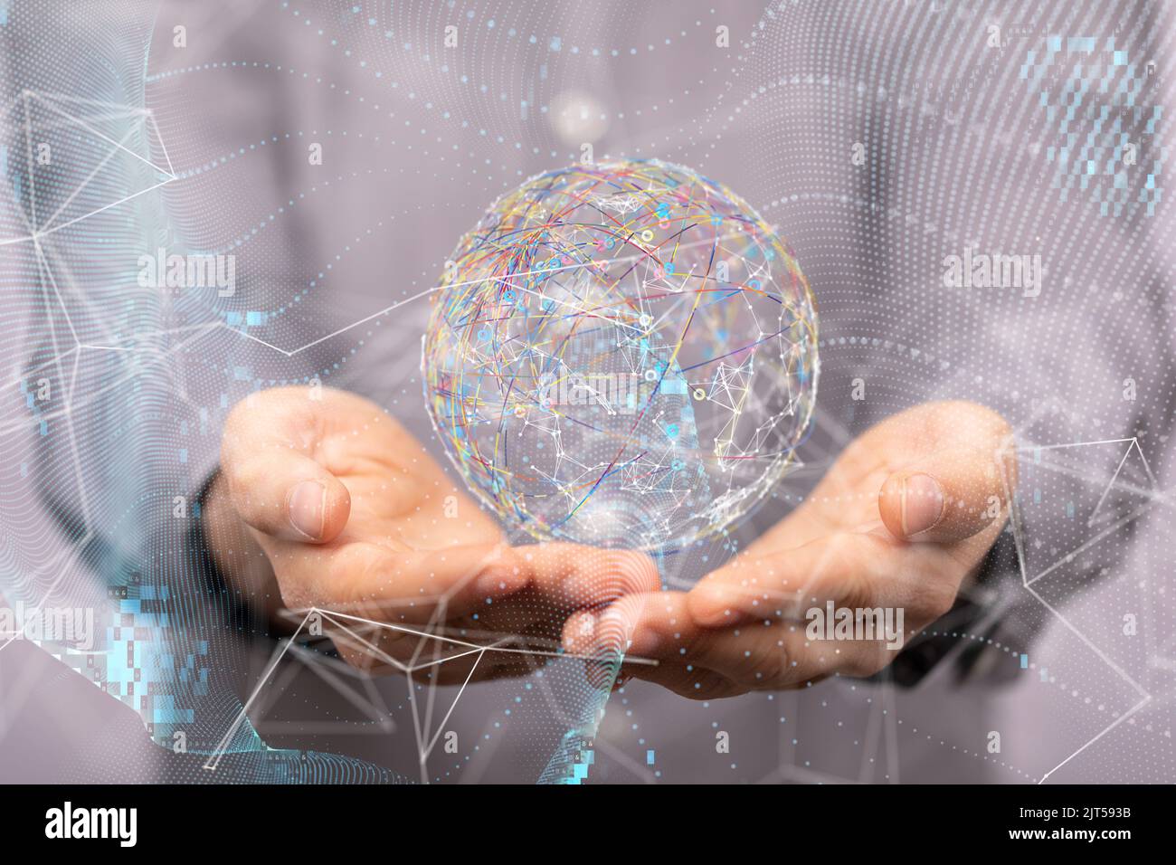 A 3D rendered world map hovering in mans hand Stock Photo - Alamy