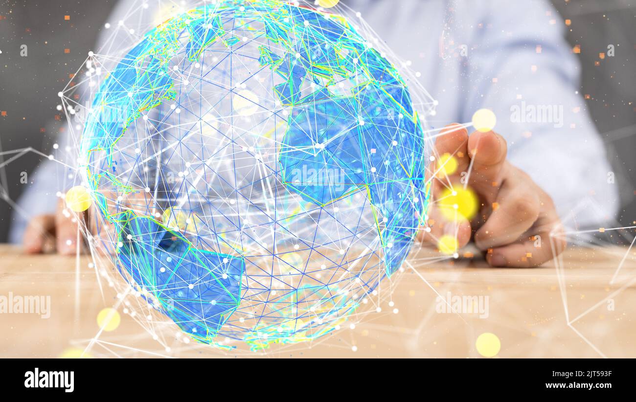 A 3D rendered world map hovering in mans hand Stock Photo - Alamy