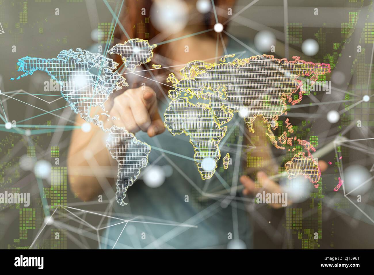A 3D rendered world map hovering in womans hand Stock Photo - Alamy