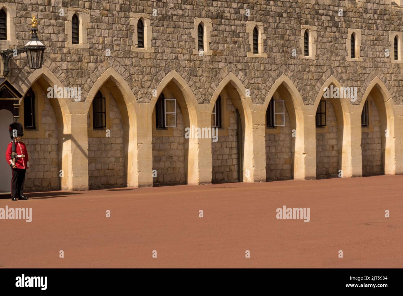 Partial view Windsor castle with portico guard house and soldier of the ...
