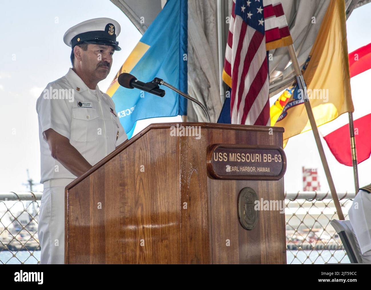 U.S. Pacific Fleet Master Chief speaks during the commissioning ...