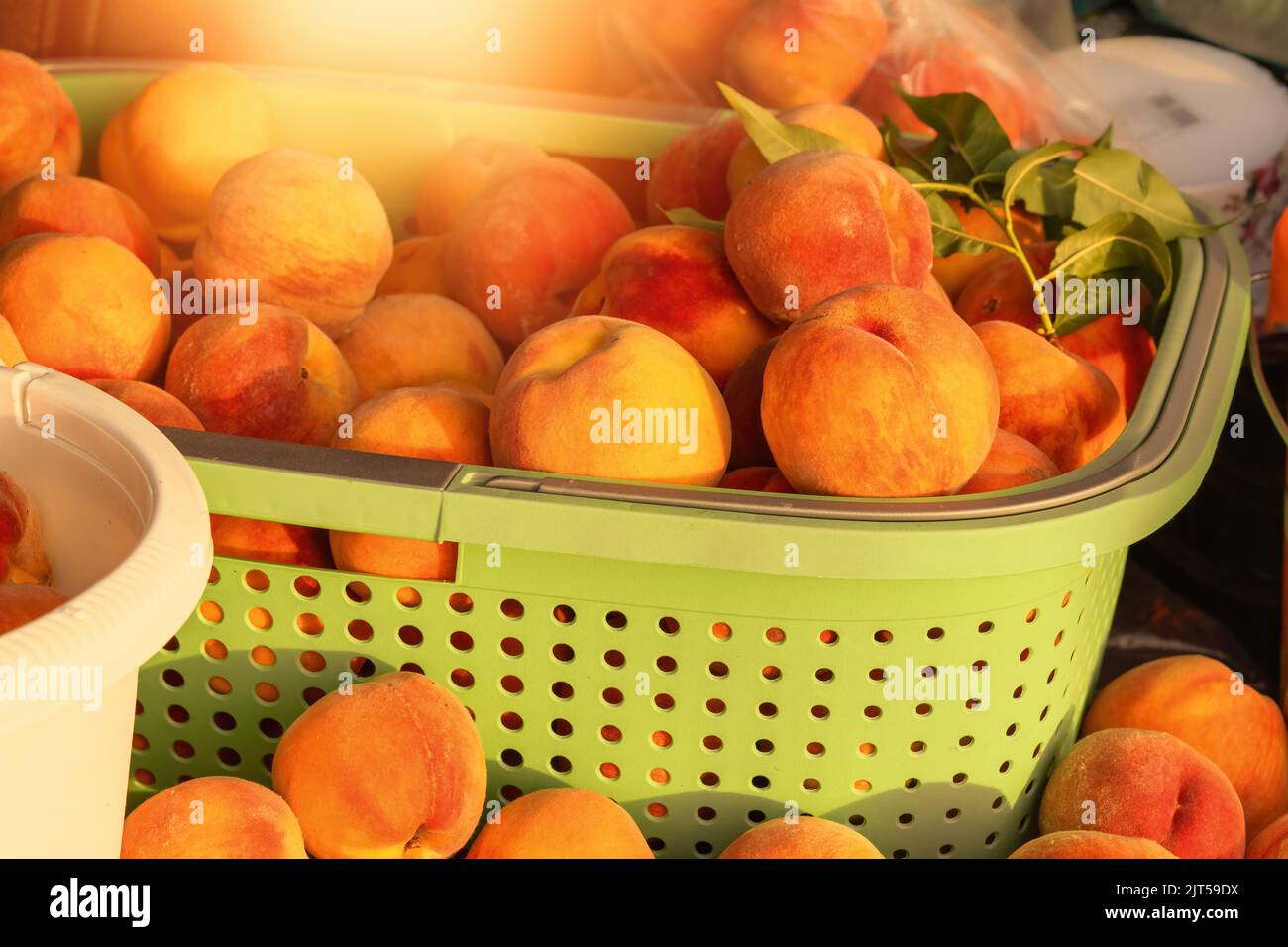 Fresh peaches in baskets at the back of a car. High quality photo Stock ...