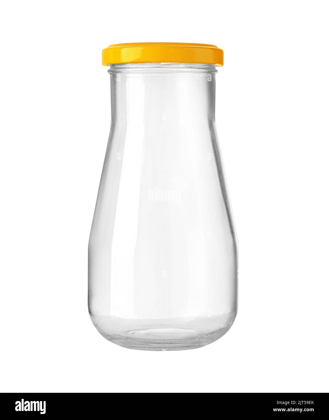 Empty jar glass with yellow lid, isolated on white background with ...