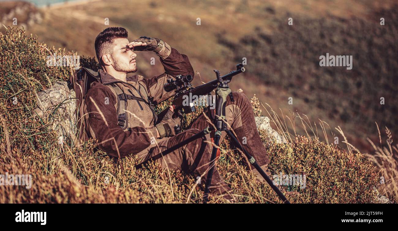 Hunt hunting rifle. Hunter man. Hunting period. Male with a gun. Hunter ...