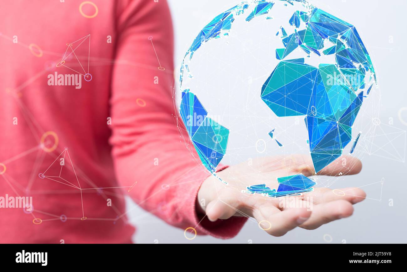 A 3D rendered world map hovering in mans hand Stock Photo - Alamy