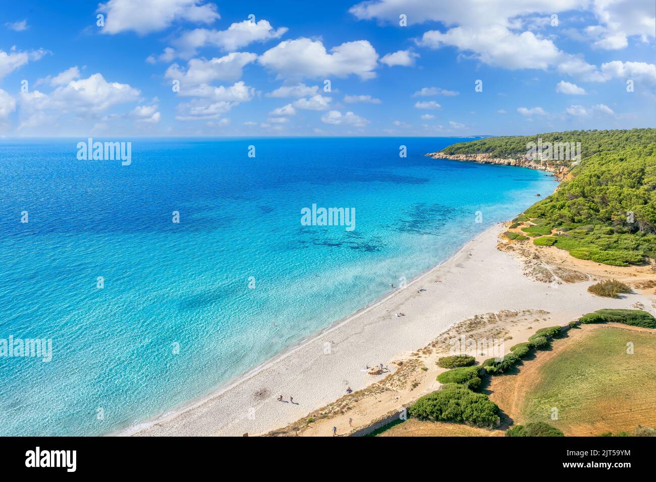 Landscape with aerial view of Platja de Binigaus, Menorca island, Spain ...