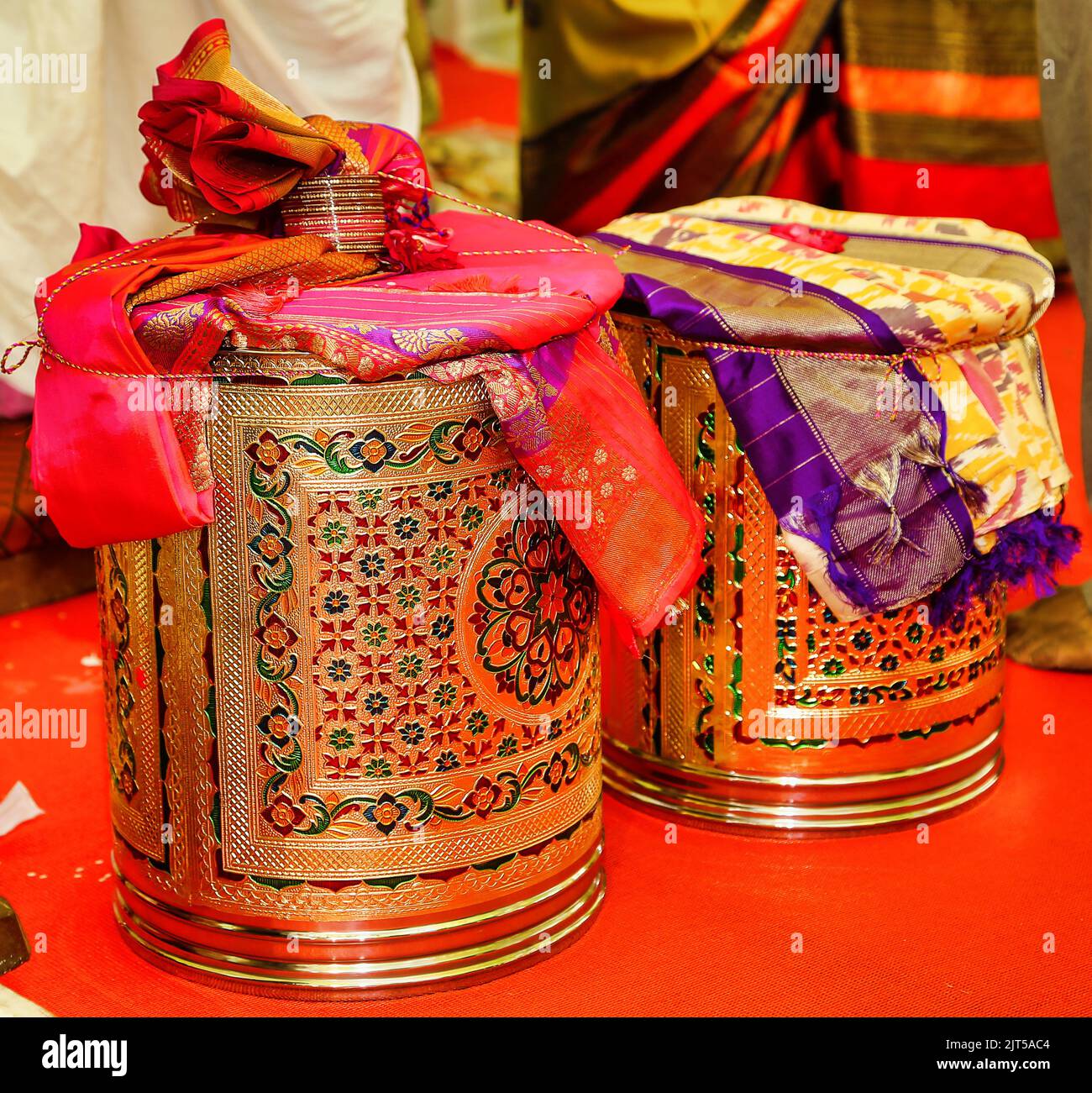 A closeup shot of two decorated boxes for an Indian traditional wedding ...
