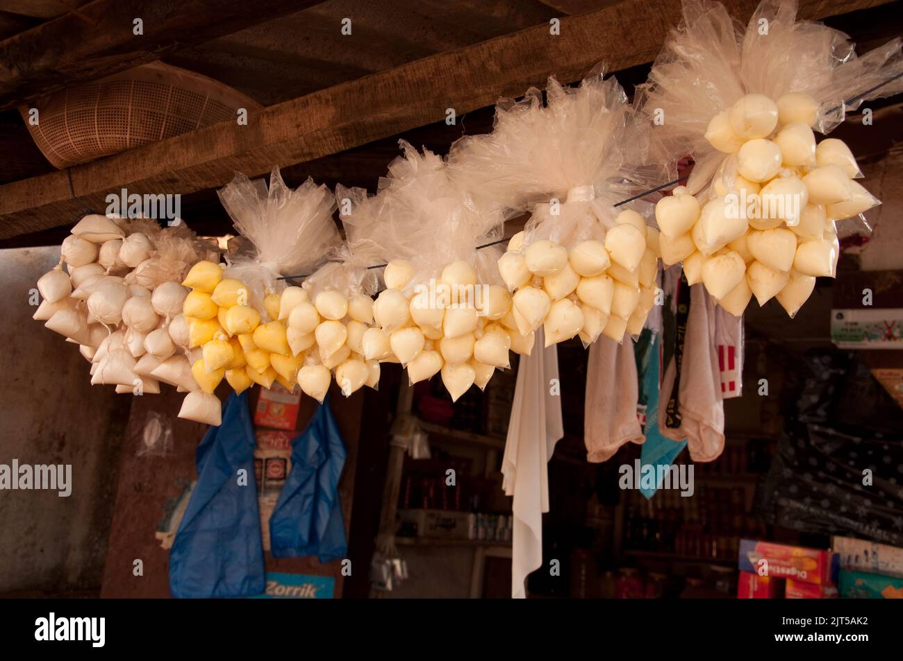 Small sacks of sugar, butter and mayonnaise, Grocery store, Zorzor Town ...