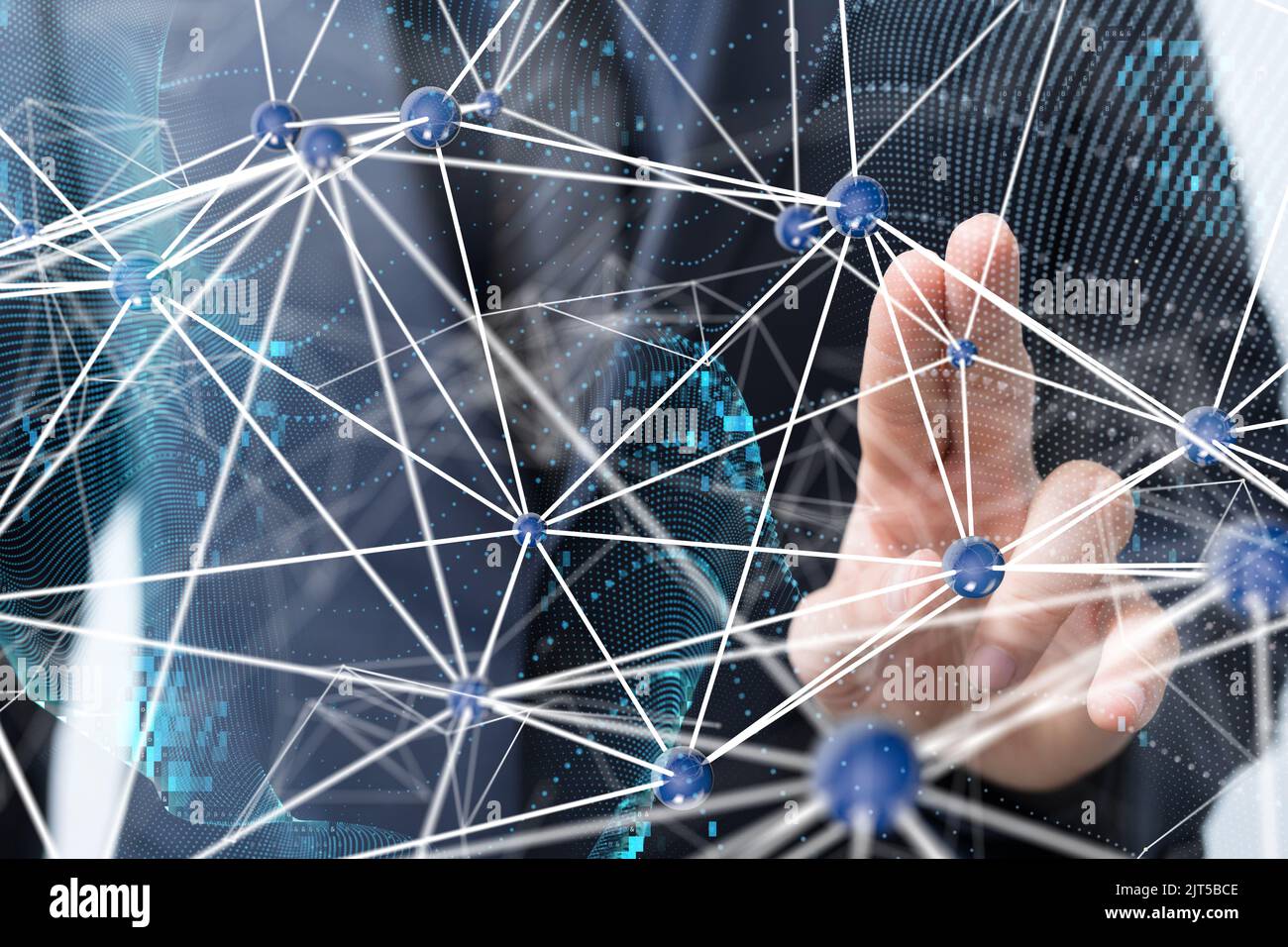A man tapping a floating 3D rendering of futuristic lines of digital network Stock Photo - Alamy