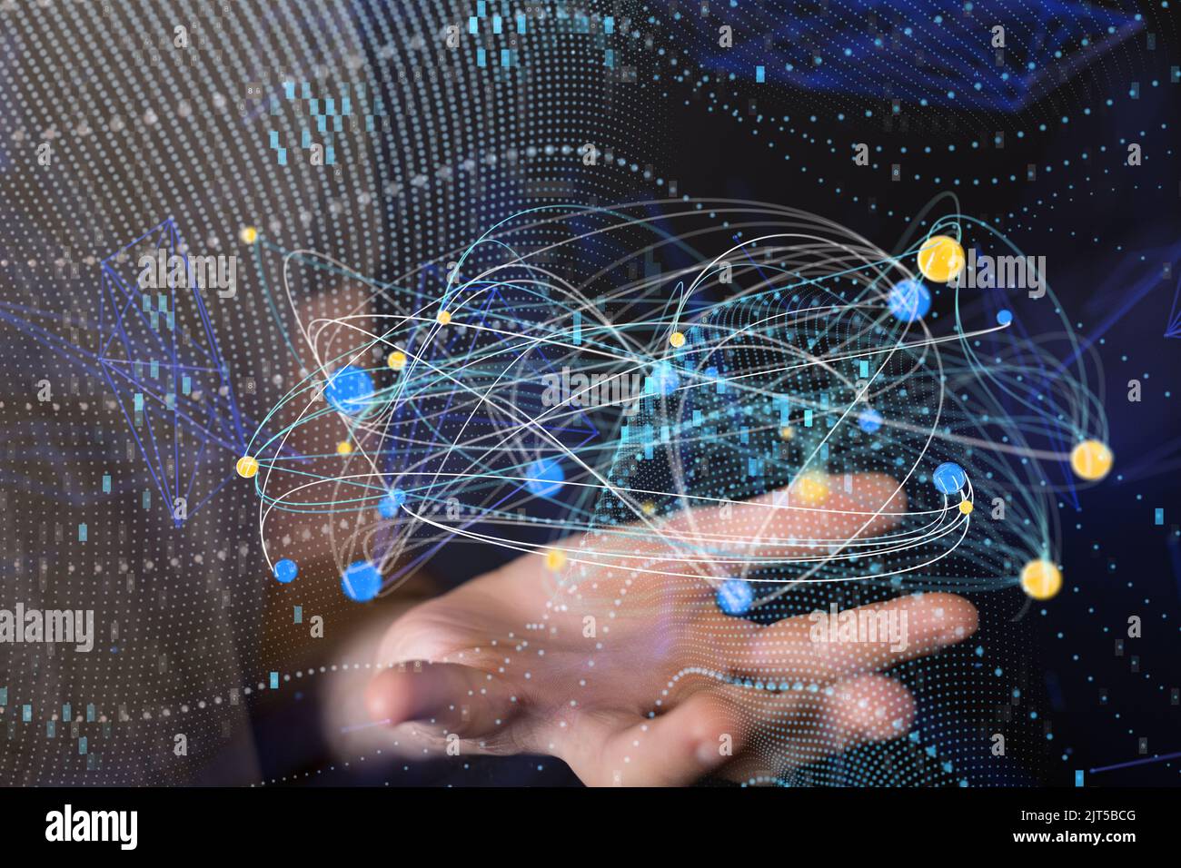 A man holding a floating 3D rendering of futuristic lines of digital ...