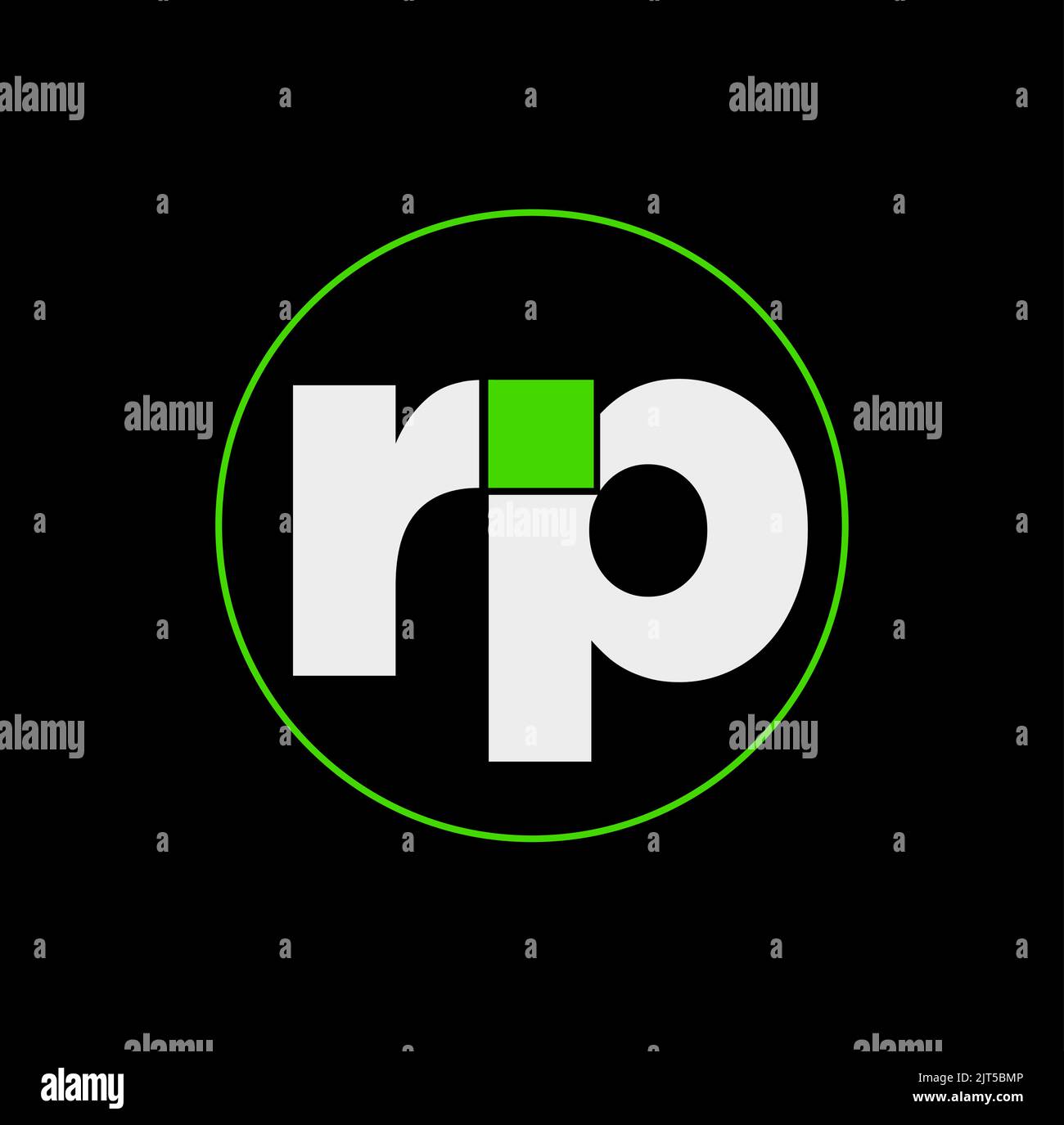A vector illustration of an RP company logo in grey white and green ...