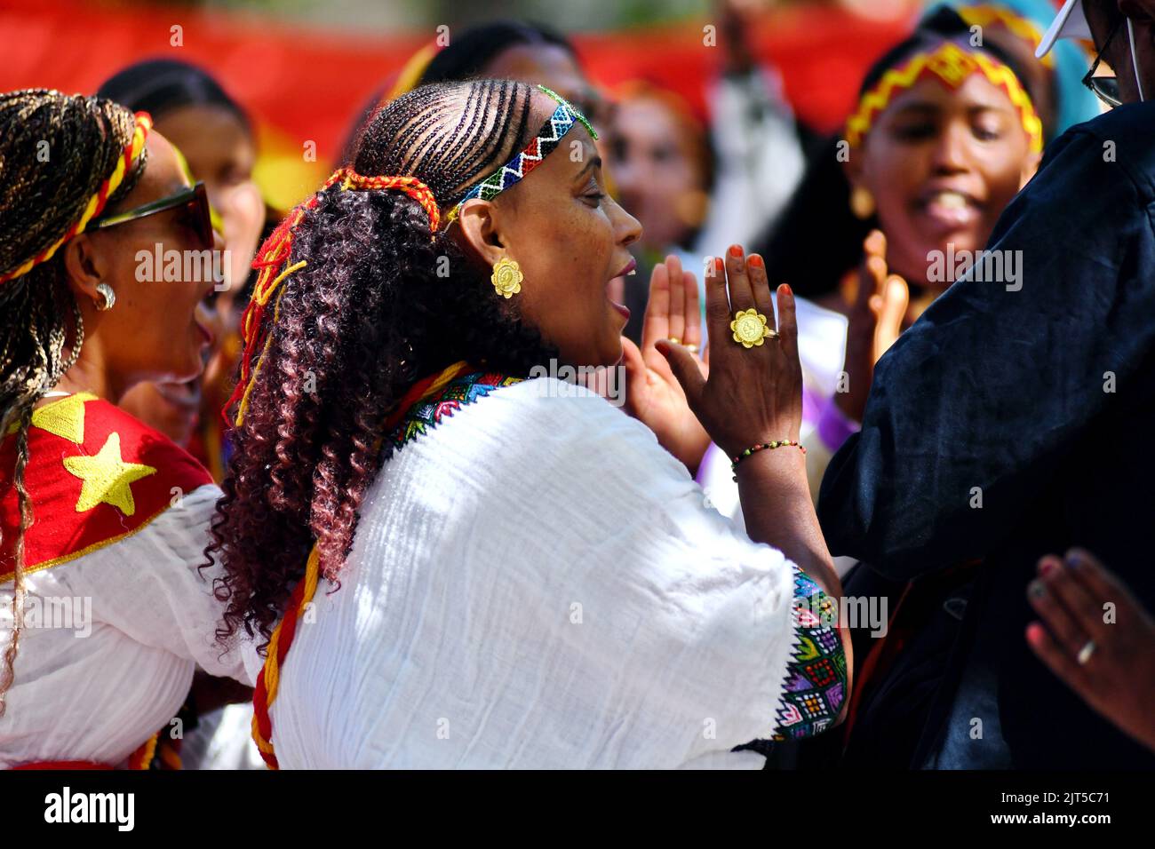 Tigray women dance during the rally in Paris, France, on August 27, 2022. Photo by Karim Ait ...