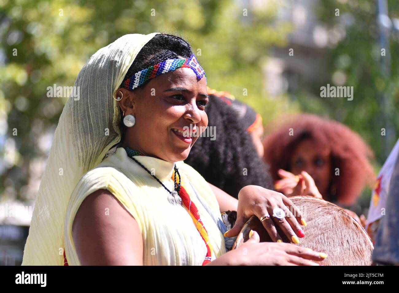 Tigray women dance during the rally in Paris, France, on August 27, 2022. Photo by Karim Ait ...