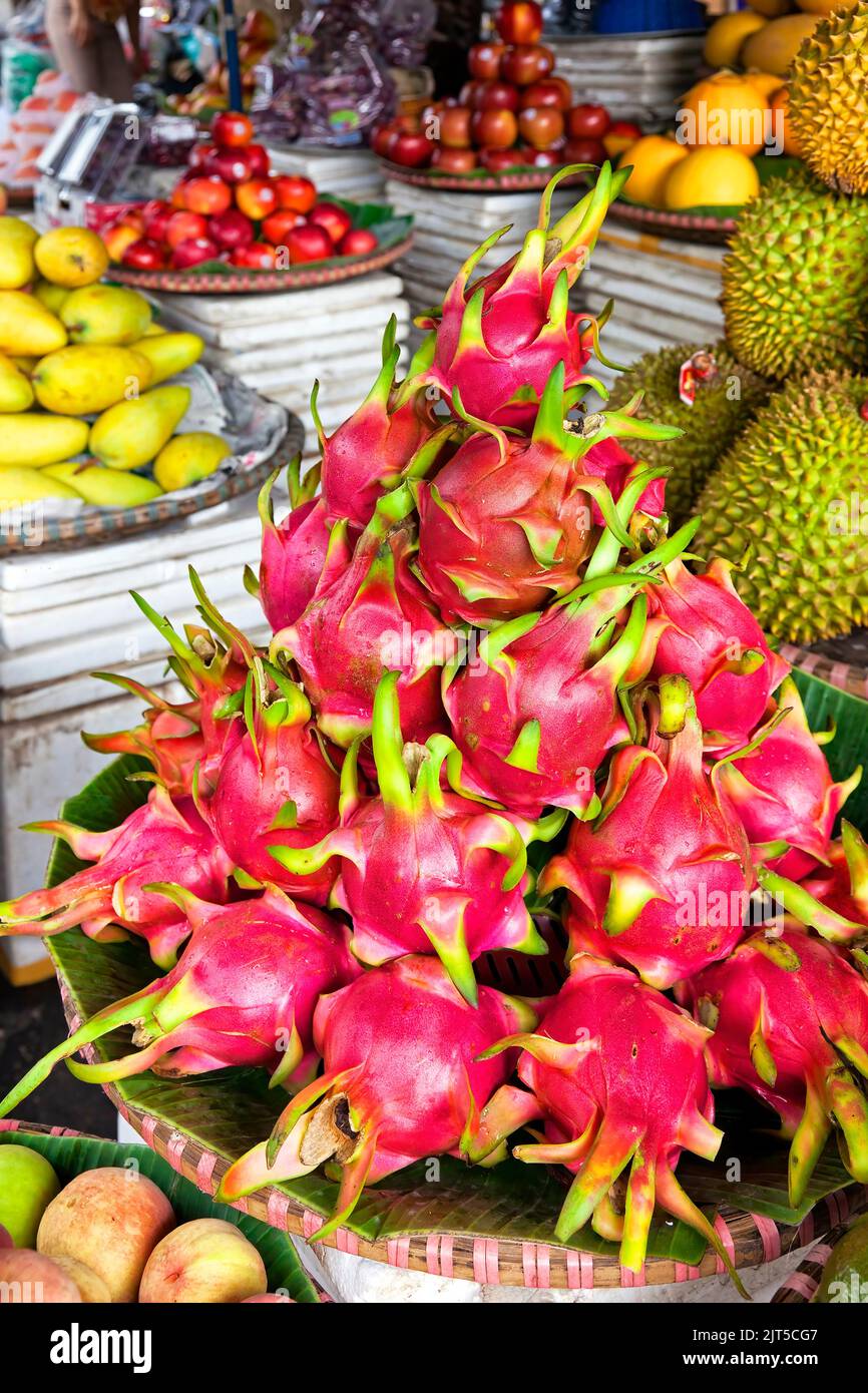 Dragonfruit display at open air street market, Hai Phong, Vietnam Stock ...