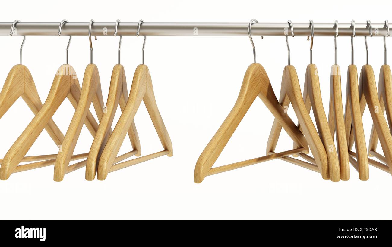 Wooden cloth hangers on the bar. 3D illustration Stock Photo - Alamy