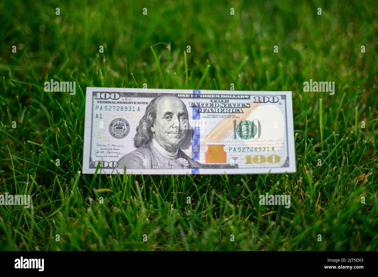 Close up 100 Dollar bank note on grass background. One hundred American ...