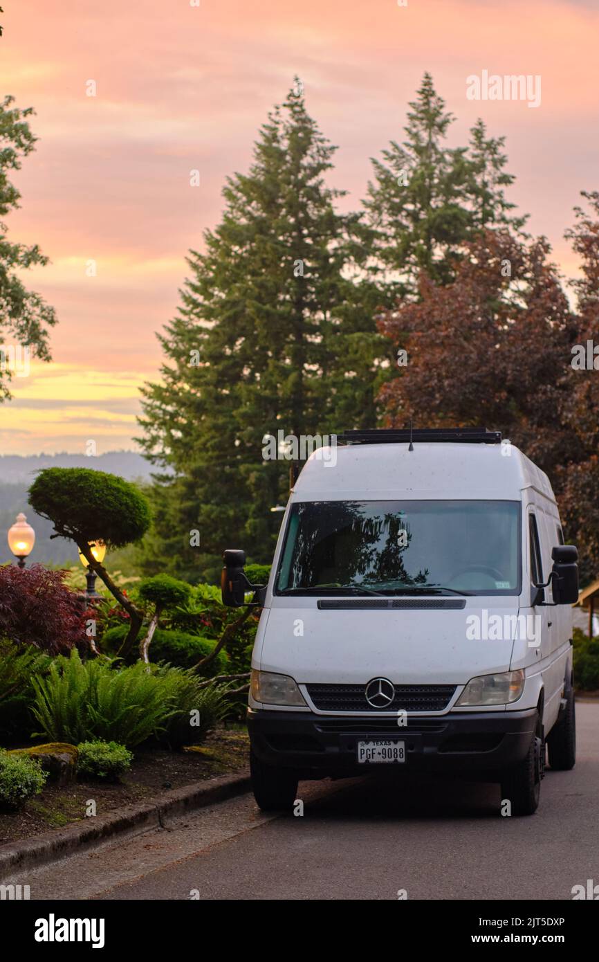 A vertical shot of a sprinter Mercedes van parked by trees Stock Photo ...