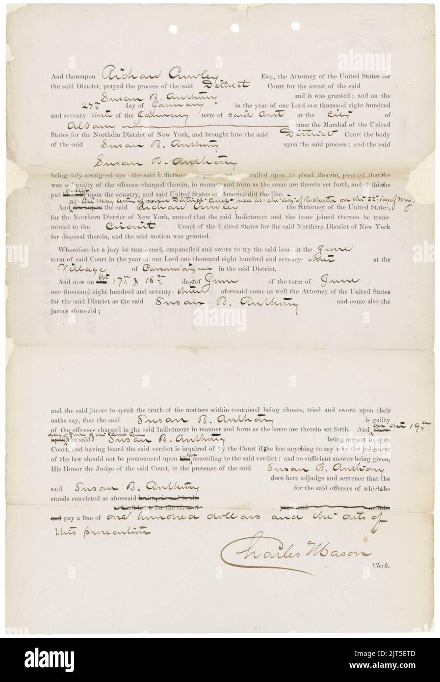 U.S. vs. Susan B. Anthony, Record of Conviction Stock Photo - Alamy