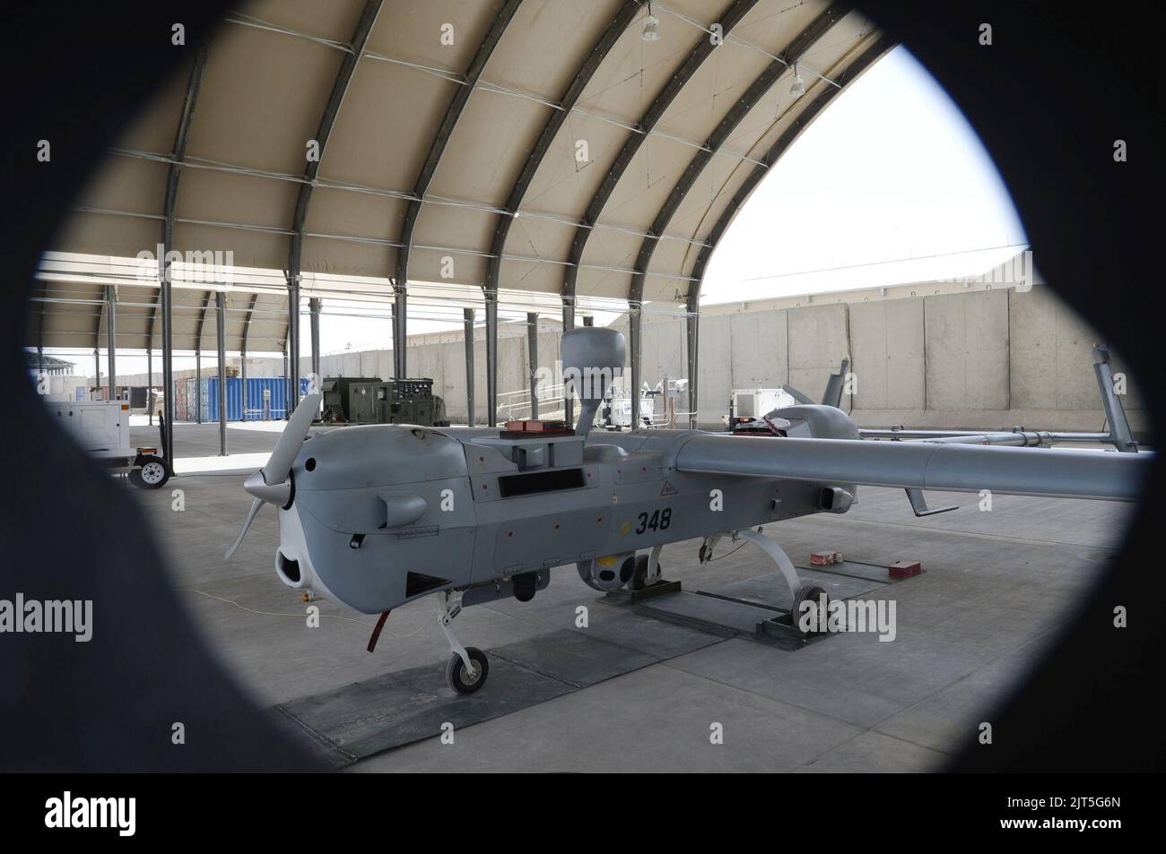 UAV MQ-5B Hunter launch and recovery at Kandahar Airfield 150806 Stock ...