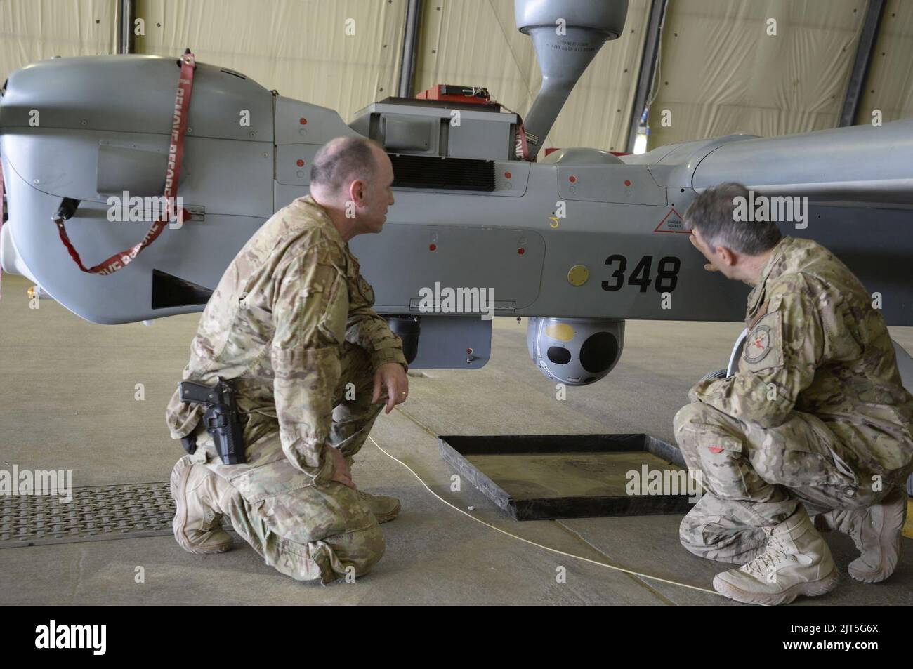 UAV MQ-5B Hunter launch and recovery at Kandahar Airfield 150806 Stock ...