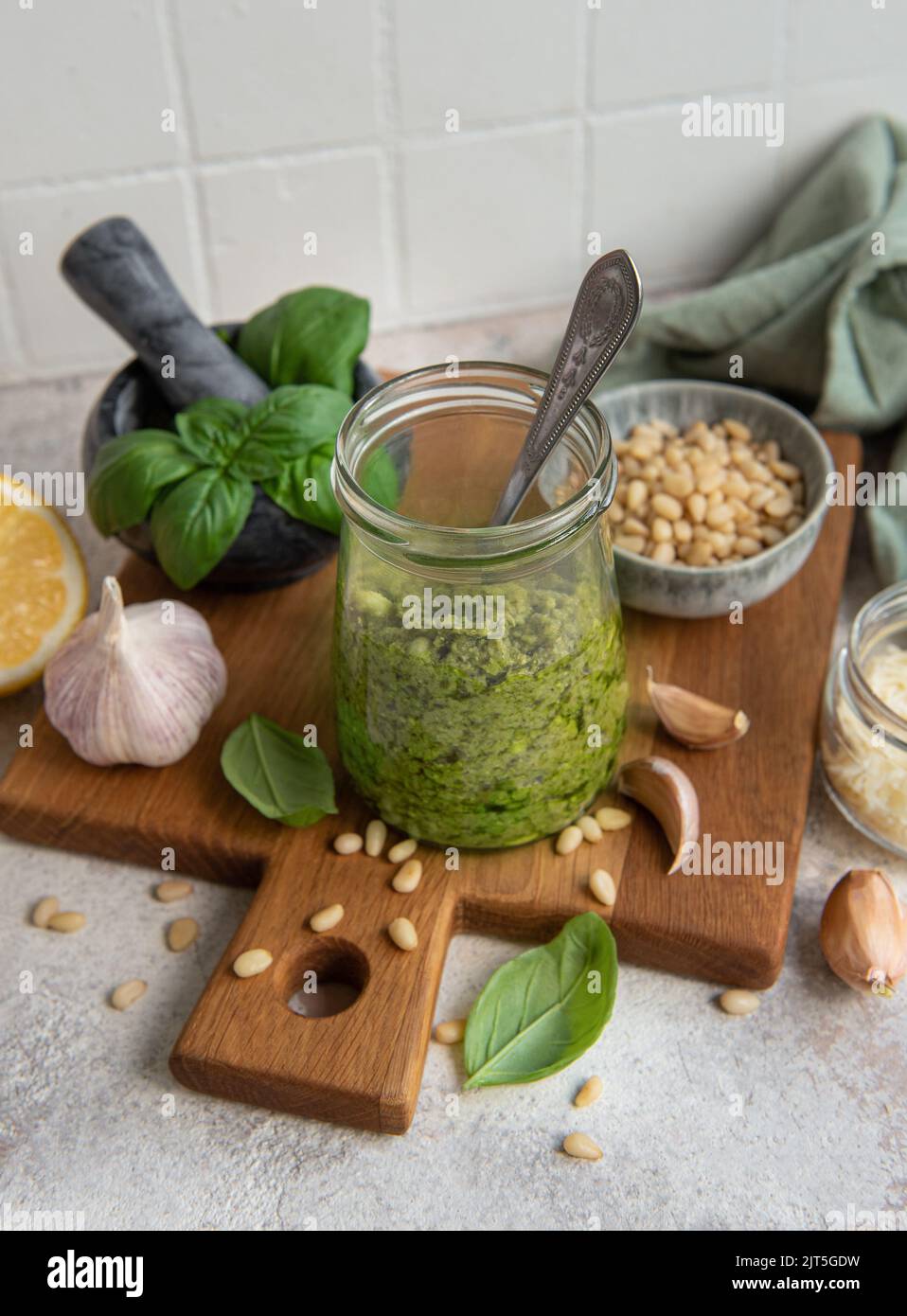 Fresh made Pesto sauce. Green basil pesto. Ingredient for pesto sauce ...