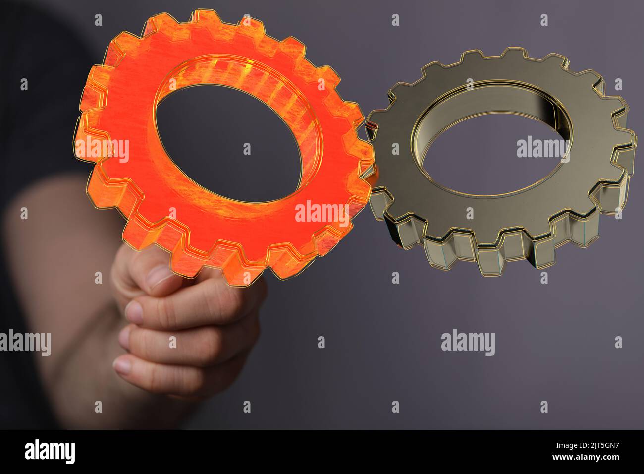 The man throwing orange and gray gears - 3D renderred cogwheels Stock ...