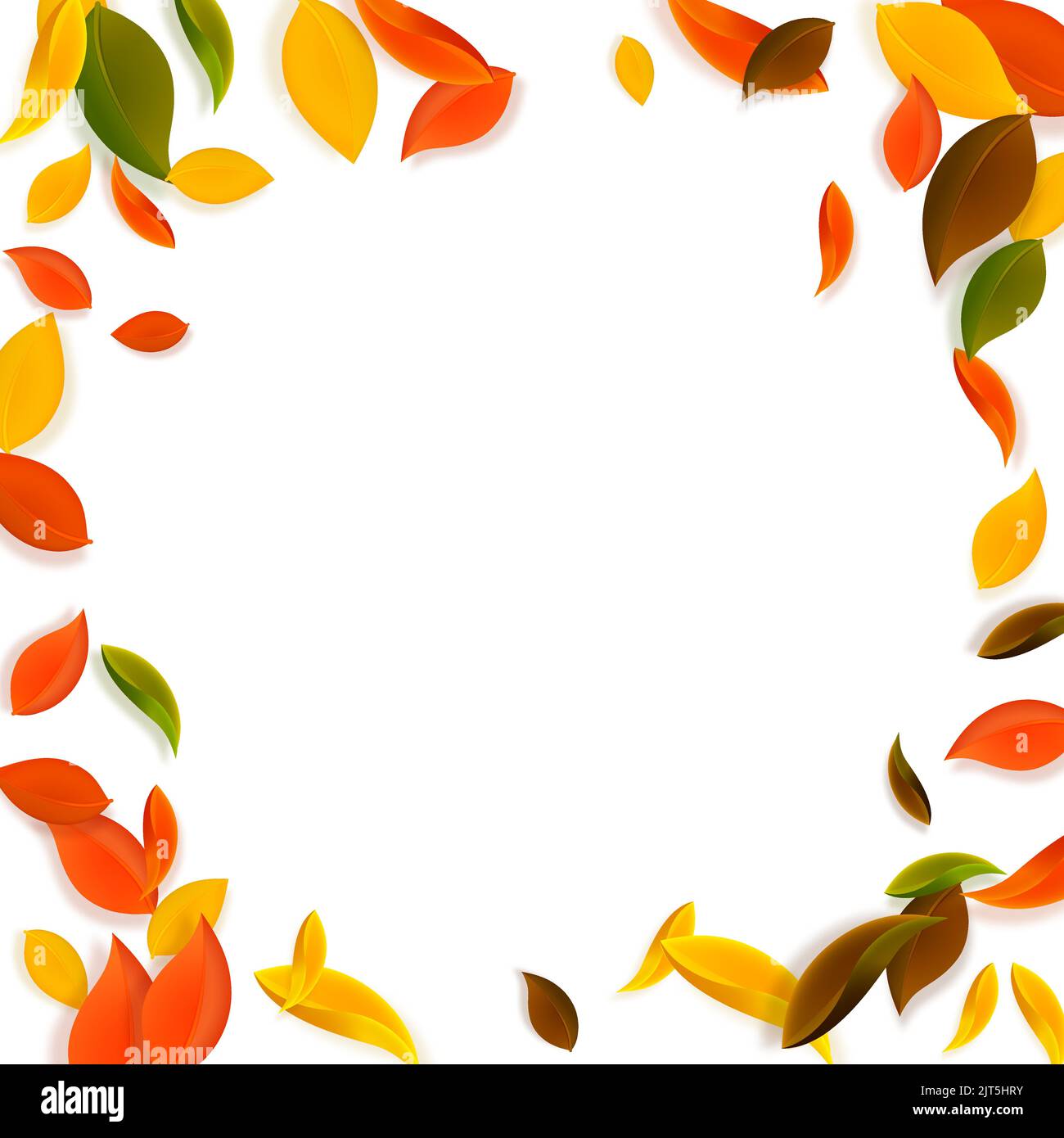 Falling autumn leaves. Red, yellow, green, brown chaotic leaves flying ...