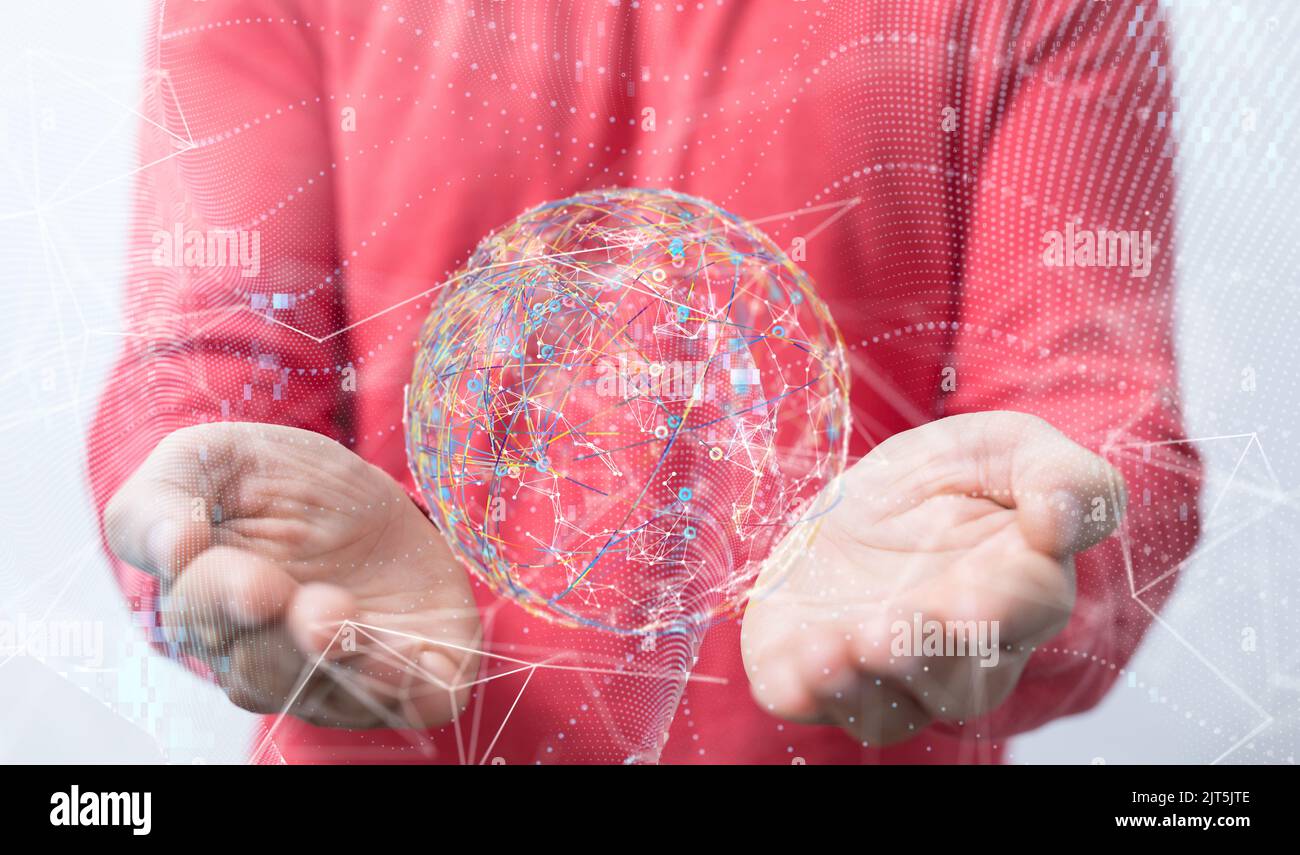 A 3D rendered global network hovering in mans hand Stock Photo - Alamy
