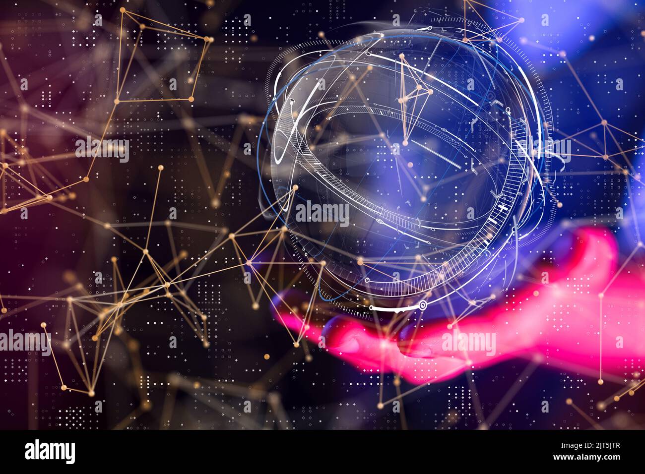 A 3D rendered global network hovering in mans hand Stock Photo - Alamy