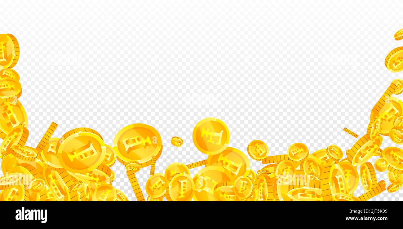 Swiss franc coins falling. Gold scattered CHF coins. Switzerland money ...